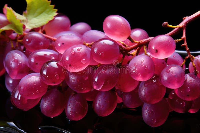 Vertical Close of Red Grapes Under the Isolated Lights on a Black Ba ...