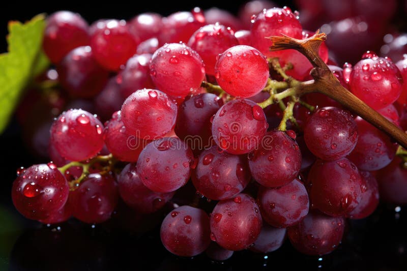 Vertical Close of Red Grapes Under the Isolated Lights on a Black Ba ...