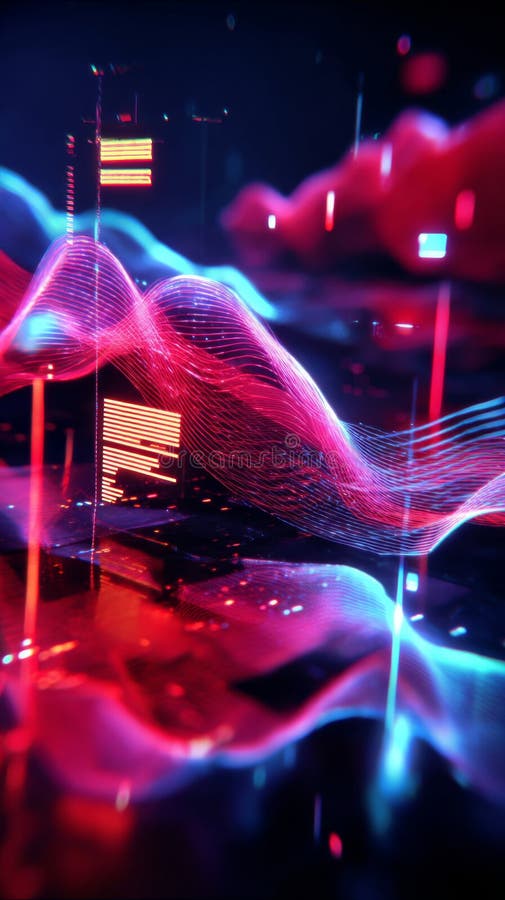 Vertical Close-up of Red and Cyan Stylized Sound Wave Pattern Over Grid ...