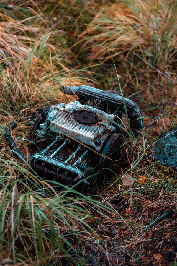 Vertical Close-up Shot of a Rusty Machinery Engine Part Left in a Grass ...