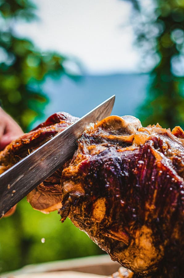 Vertical Close-up View of the Cooked Meat-cutting Process Stock Image ...