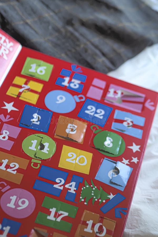 Vertical Closeup of an Advent Calendar Christmas on Bed Stock Image ...
