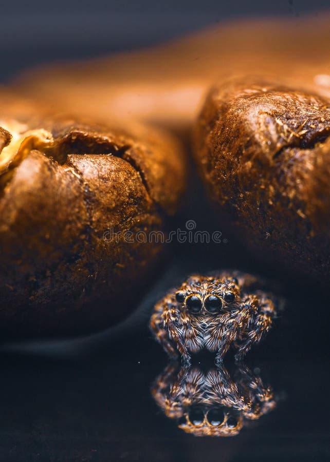 Vertical Closeup of an Arachnid Spider with Its Reflection on a Black ...