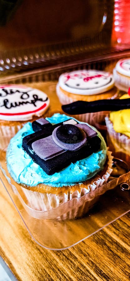 Vertical Closeup of a Cupcake with a Camera Design on the Frosting ...