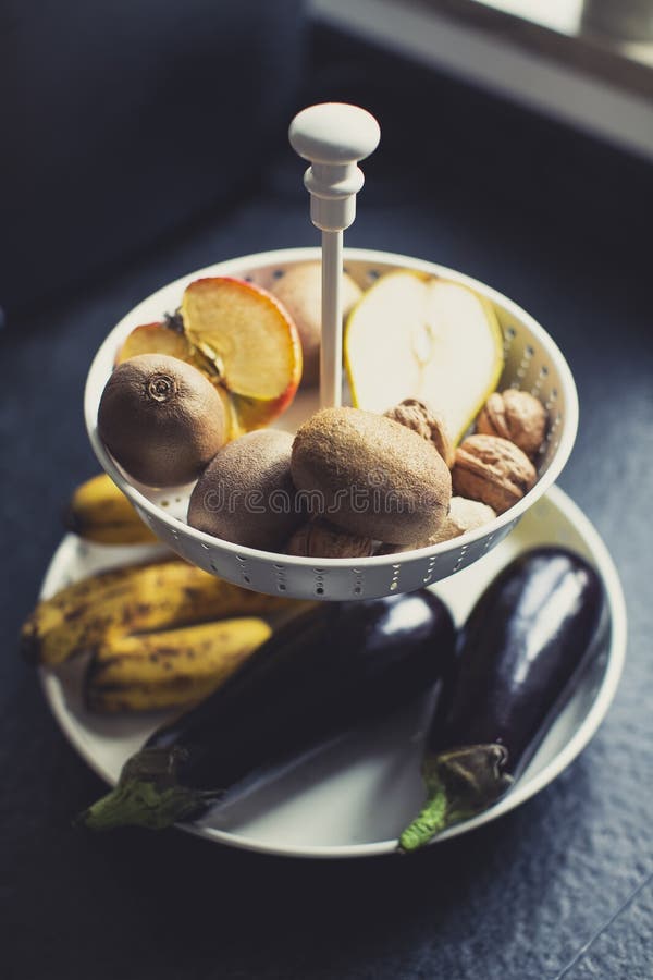Vertical Closeup of Fruits and Vegetables in a Two-layer Fruit Plate on ...