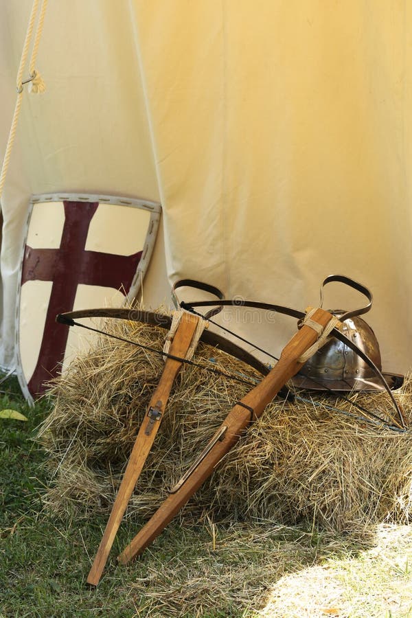 Vertical Closeup of the Medieval Crossbows with a Shield. Stock Image ...