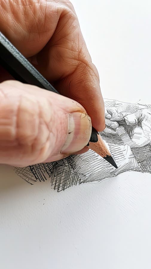 Vertical Closeup Portrait of Hand Drawing with Pencil on White Sheet ...
