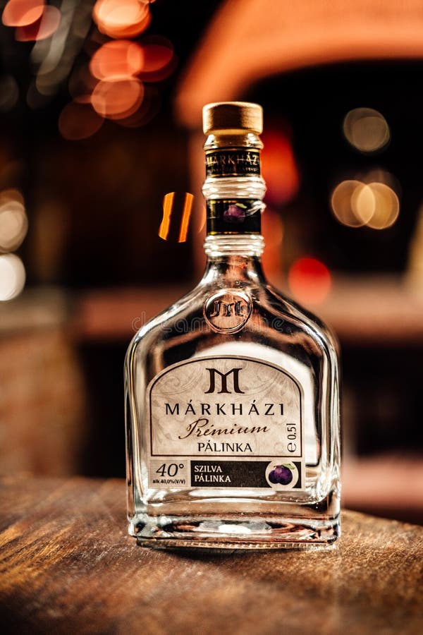 Vertical Closeup of Premium Hungarian Palinka in a Gorgeous Bottle ...