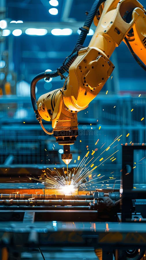 Vertical Closeup of Robot Arm Working in Factory Welding and Cutting ...