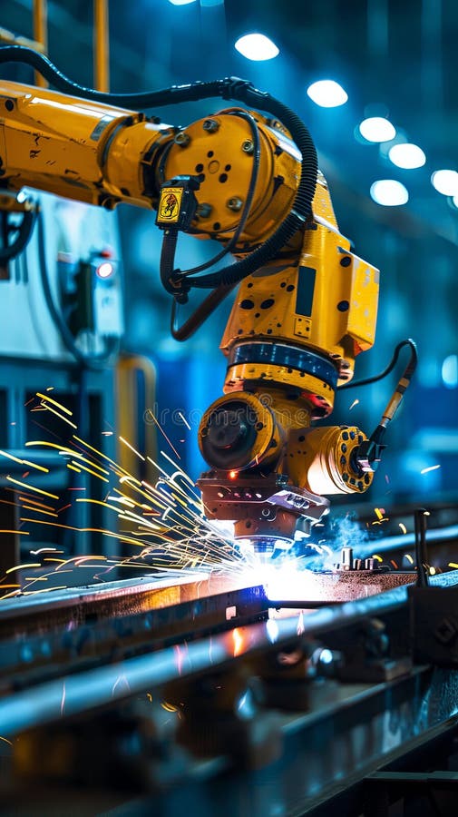 Vertical Closeup of Robot Arm Working in Factory Welding and Cutting ...