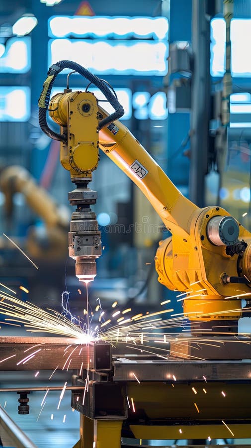 Vertical Closeup of Robot Arm Working in Factory Welding and Cutting ...