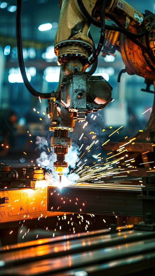 Vertical Closeup of Robot Arm Working in Factory Welding and Cutting ...