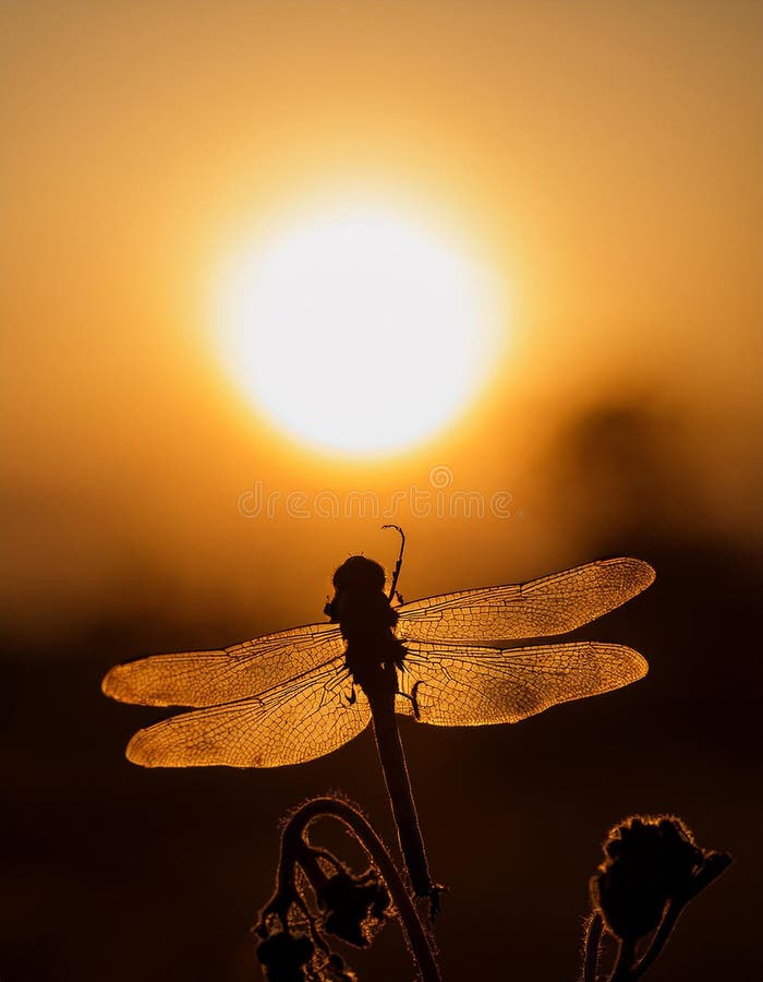 A Vertical Closeup Shot of the Dragonfly Silhouette with the Sun on the ...