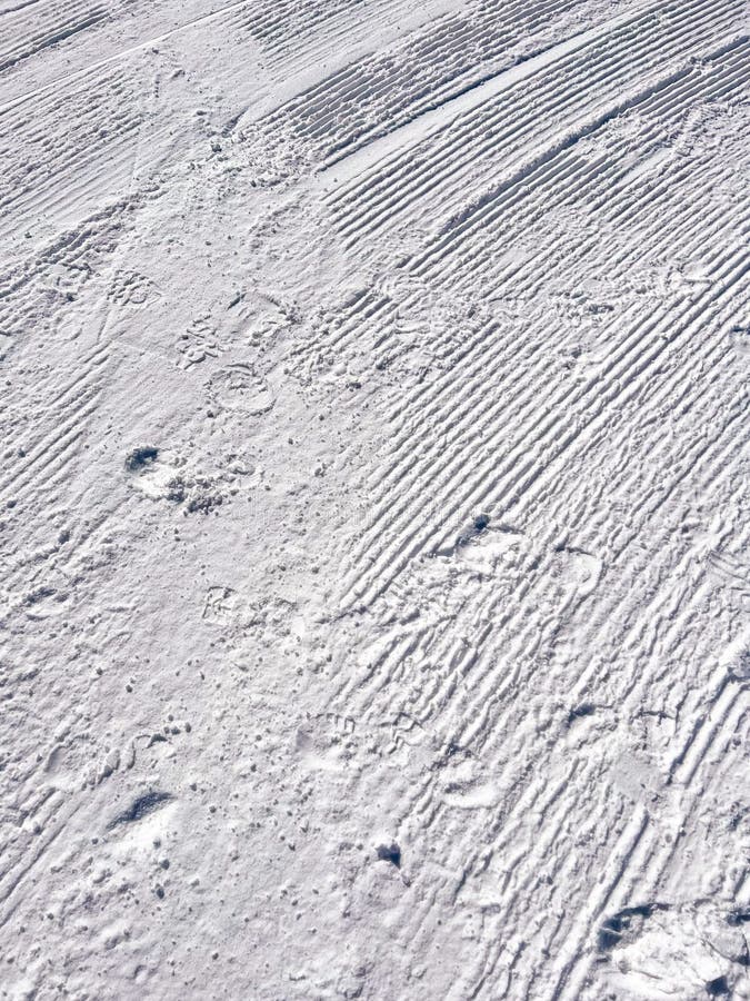Vertical Closeup of Sunlit Snow Flows with Footsteps on Stock Image ...