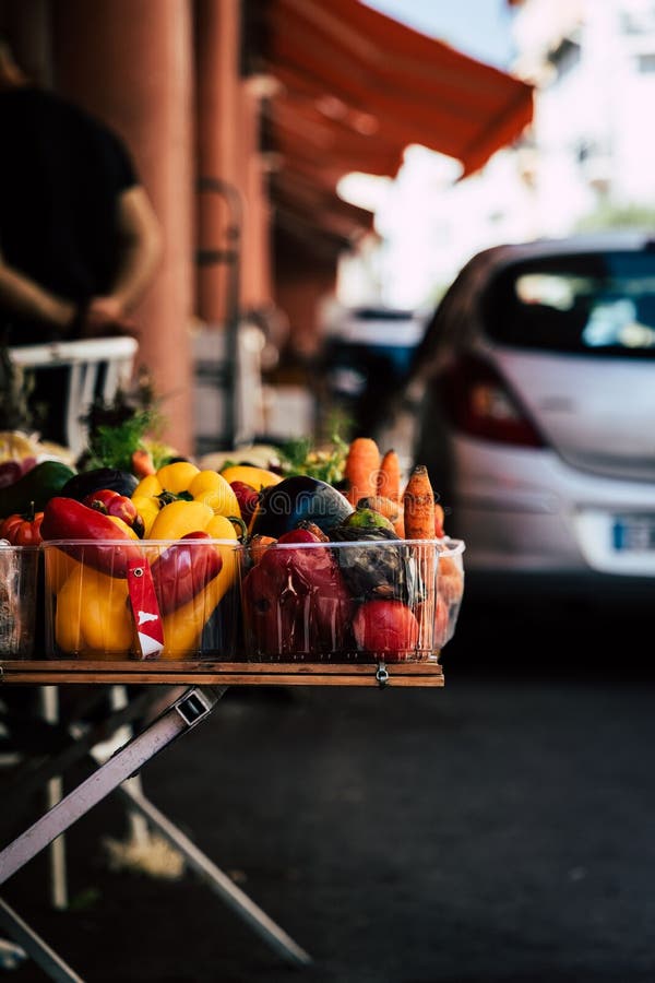 Vertical Closeup of a Vegetable Stand Filled with Colorful Fresh ...