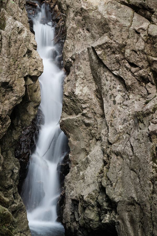 Vertical Closeup of a Waterfall Flowing through Rocky Mountains, Water ...