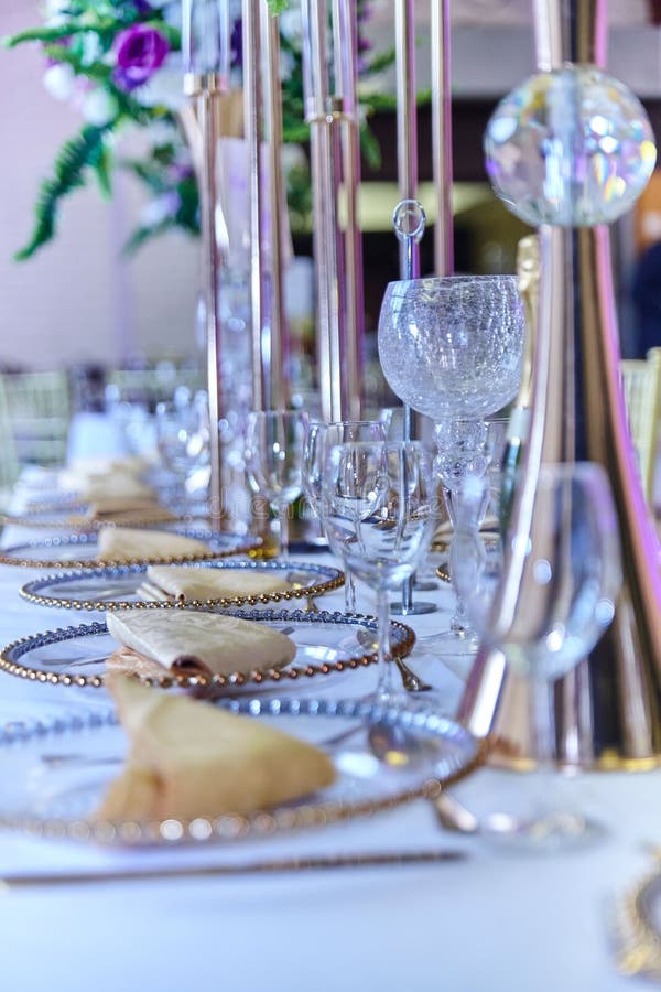 Vertical Closeup of the Wedding Reception Table Set and Decorated with ...