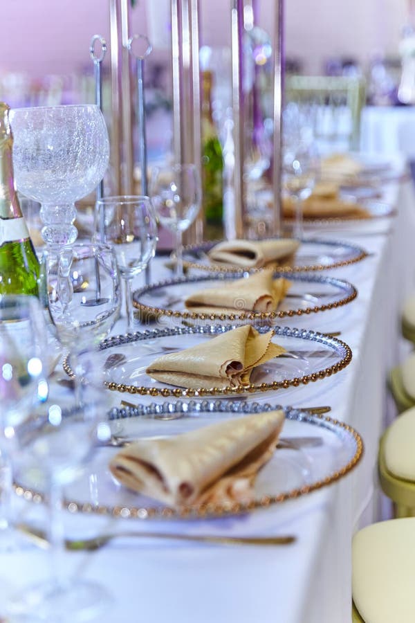 Vertical Closeup of the Wedding Reception Table Set and Decorated with ...