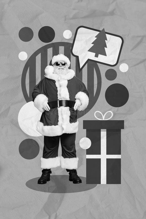 Vertical Collage of Aged Funky Santa Think Talk Newyear Evergreen Tree ...