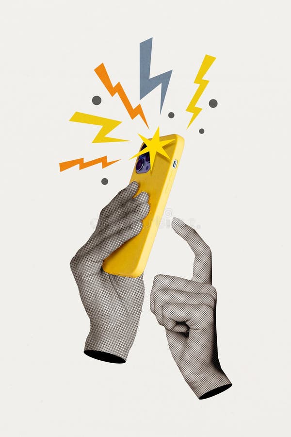 Vertical Collage 3d Image of an Addicted User Hold Modern Device Gadget ...