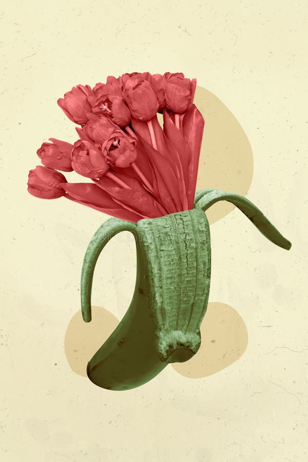 Vertical Collage Illustration of Tulips Flowers Inside Banana Isolated ... Vertical Collage Illustration of Tulips Flowers Inside Banana Isolated ...