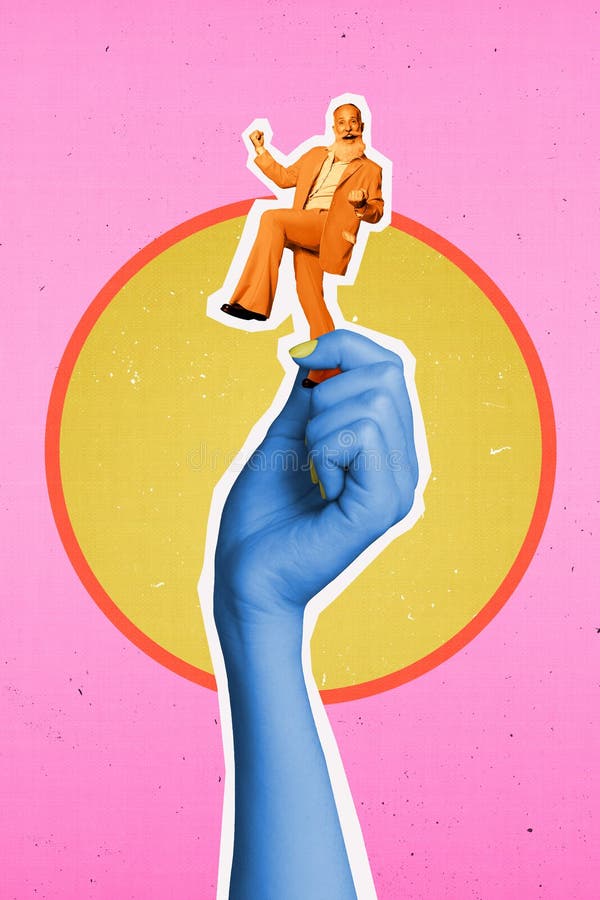 Vertical Collage Image of Big Blue Hand Hold Small Positive Overjoyed ... Vertical Collage Image of Big Blue Hand Hold Small Positive Overjoyed ...