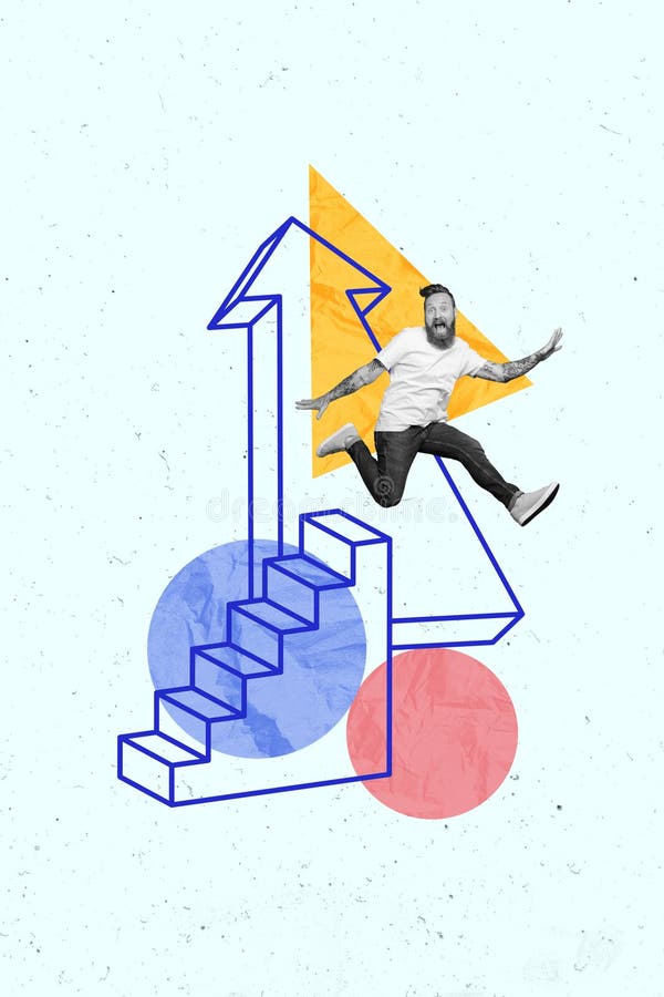 Vertical Collage Image of Black White Effect Excited Guy Climb Jump ...