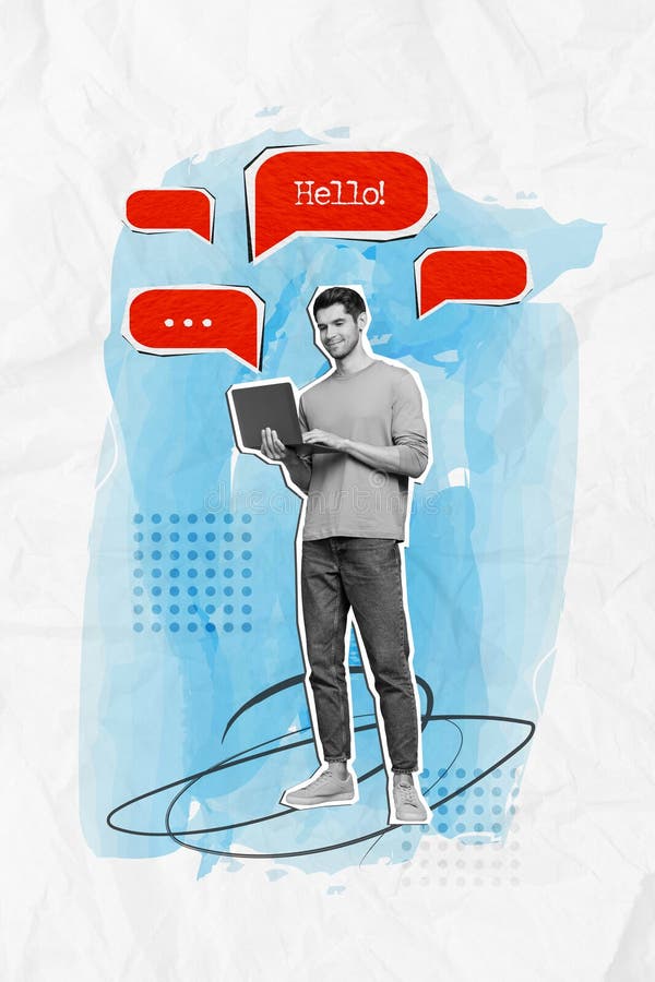 Vertical Collage Image of Black White Effect Positive Guy Use Netbook ...