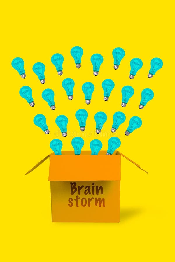Vertical Collage Image of Carton Paper Box Light Bulbs Brainstorm Text ...