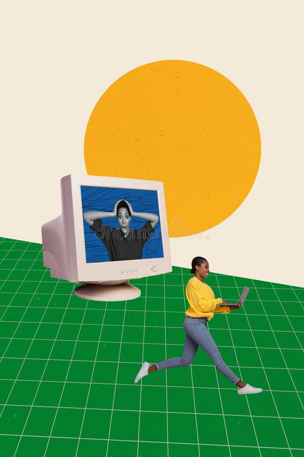 Vertical Collage Image of Cheerful Girl Run Use Laptop Big Pc Monitor ... Vertical Collage Image of Cheerful Girl Run Use Laptop Big Pc Monitor ...