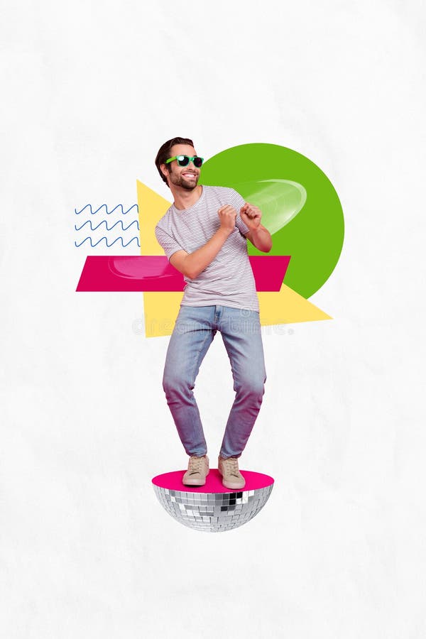Vertical Collage Image of Cheerful Overjoyed Guy Stand Half Disco Ball ... Vertical Collage Image of Cheerful Overjoyed Guy Stand Half Disco Ball ...