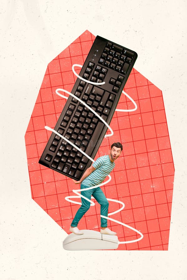 Vertical Collage Image of Crazy Impressed Guy Stand Wired Mouse Arms ...