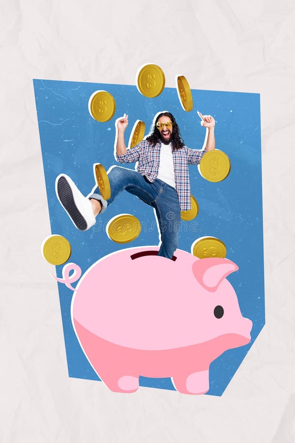 Vertical Collage Image of Ecstatic Positive Guy Inside Money Pig Bank ...