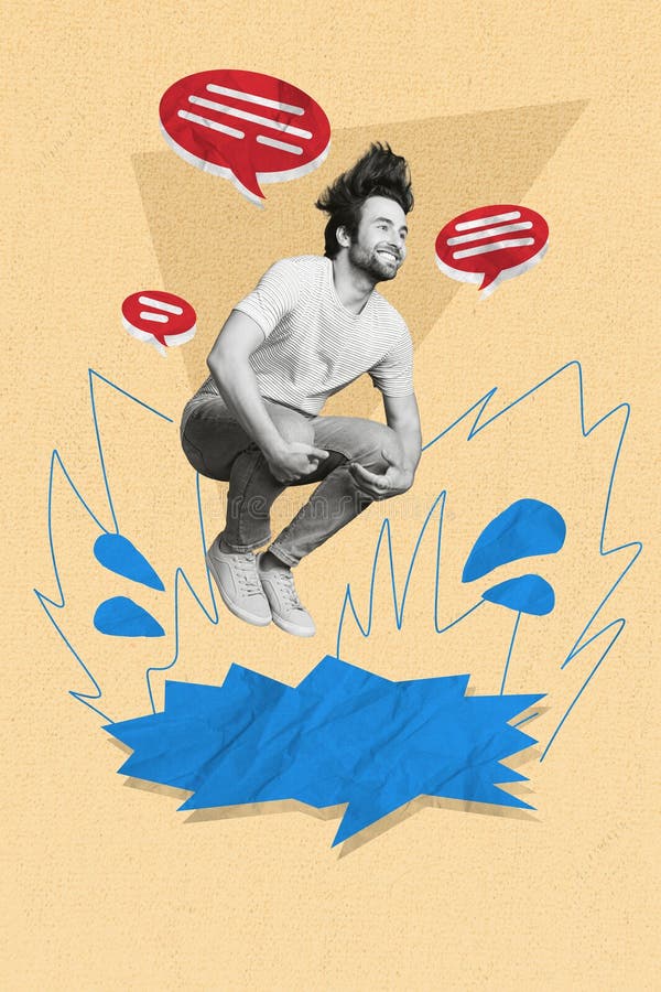 Vertical Collage Image of Excited Black White Effect Guy Jump Dive ...