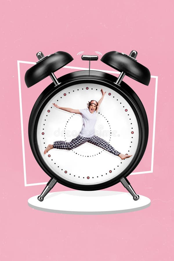 Vertical Collage Image of Excited Girl Inside Bell Ring Clock Face ...