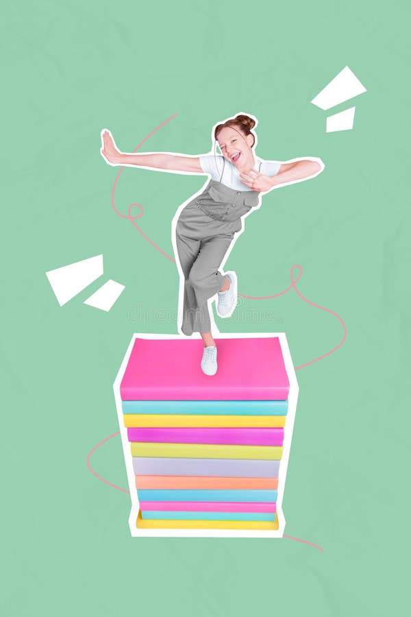 Vertical Collage Image of Excited Overjoyed Girl Dance Pile Stack Book ... Vertical Collage Image of Excited Overjoyed Girl Dance Pile Stack Book ...