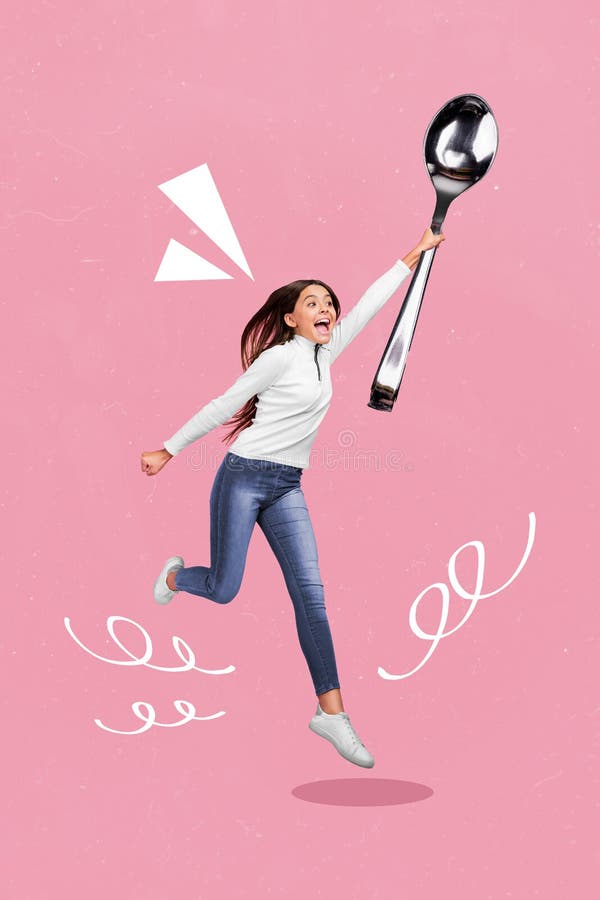 Vertical Collage Image of Excited Overjoyed Girl Jump Hold Huge Spoon ... Vertical Collage Image of Excited Overjoyed Girl Jump Hold Huge Spoon ...
