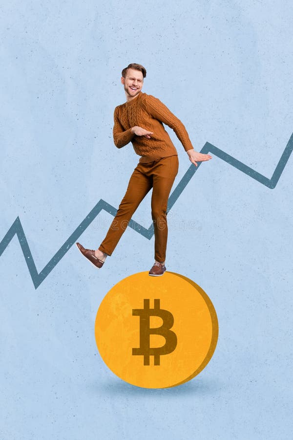 Vertical Collage Image of Excited Positive Small Guy Stand Big Bitcoin ...
