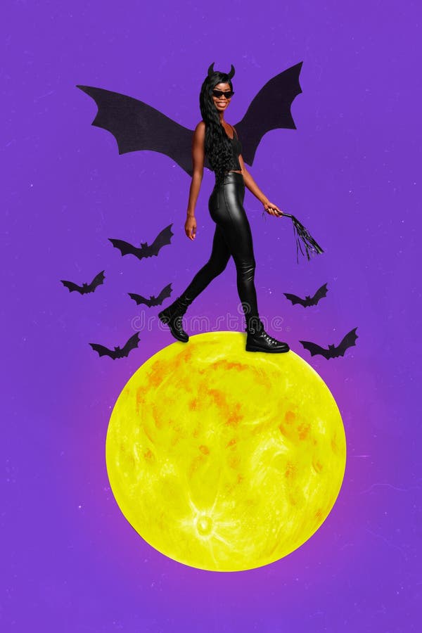 Vertical Collage Image of Gothic Girl Walk Mini Moon Flying Bats ...