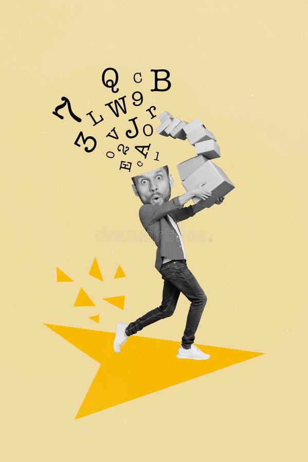 Vertical Collage Image of Mini Black White Effect Guy Hold Stack Carton ...