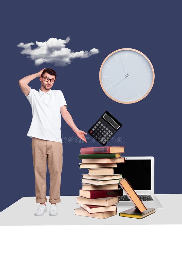 Vertical Collage Image of Mini Clueless Guy Hand Scratch Head Big Pile ...