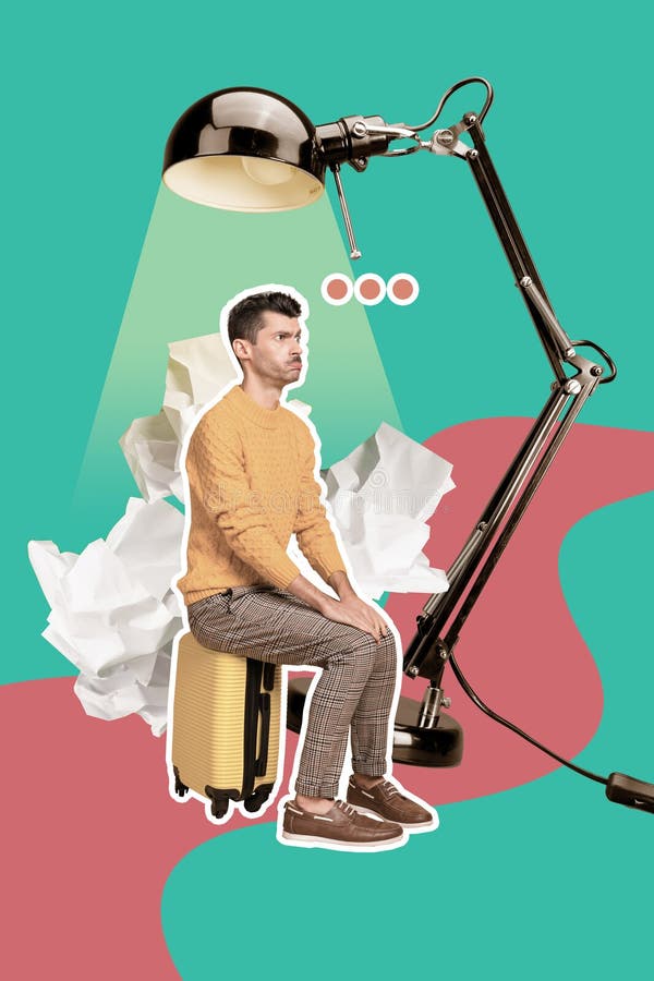 Vertical Collage Image of Mini Minded Clueless Guy Sit Suitcase Under ...