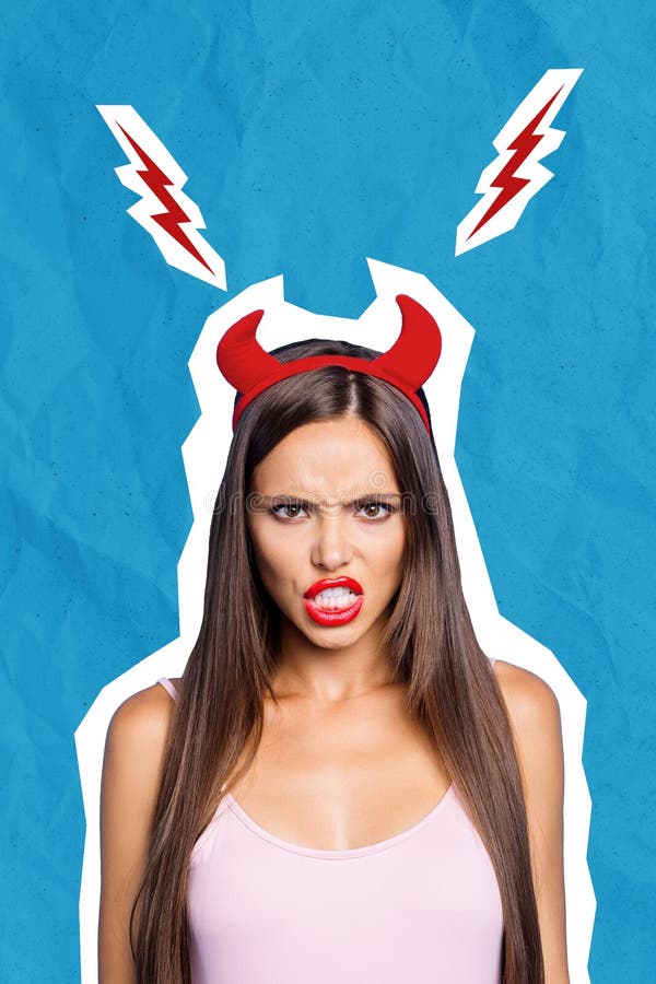 Vertical Collage Image of Negative Angry Girl Wear Devil Horns ...