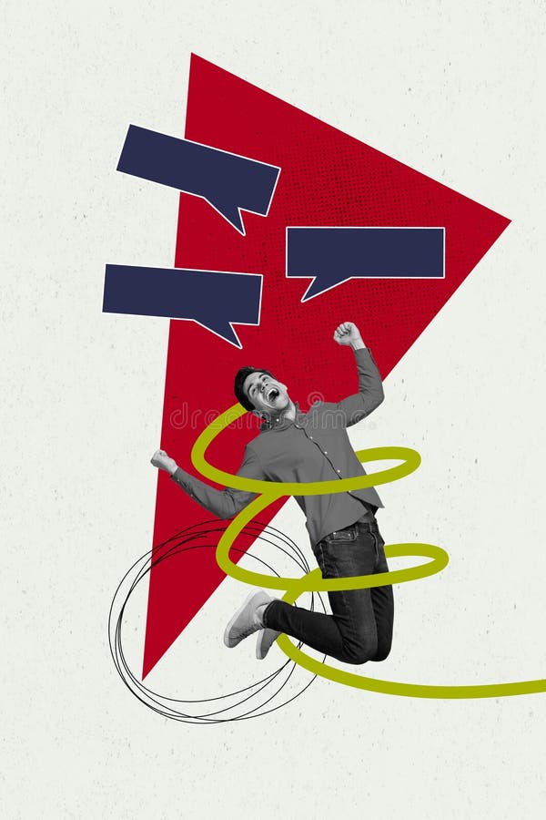 Vertical Collage Image of Overjoyed Black White Effect Guy Jumping ...