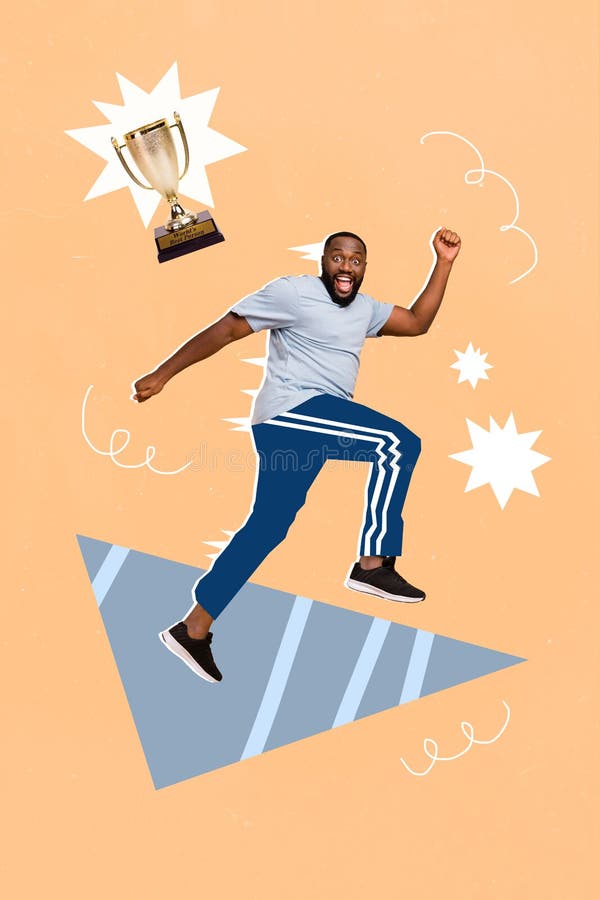 Vertical Collage Image of Overjoyed Delighted Guy Running Champion Cup ...