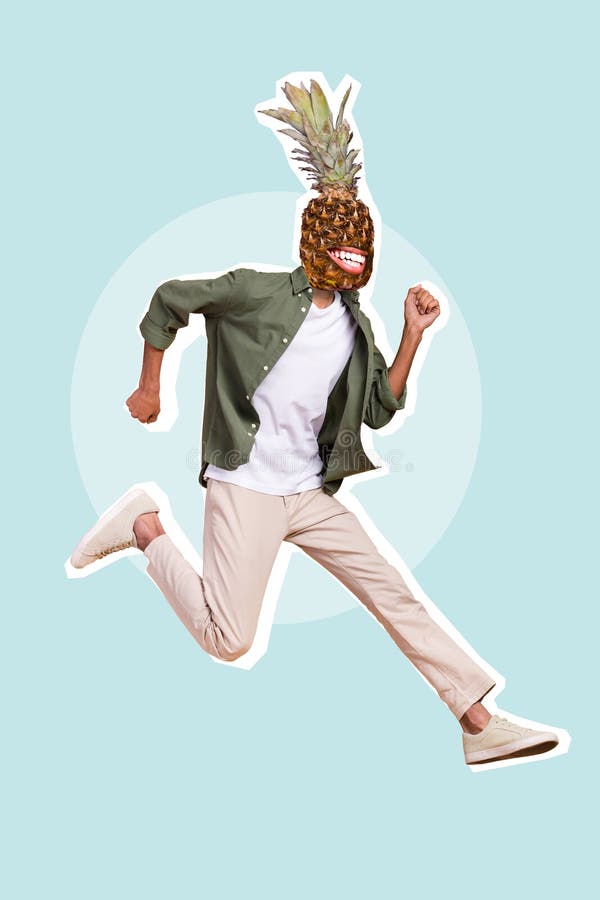Vertical Collage Image of Overjoyed Guy Jumping Running Pineapple ...