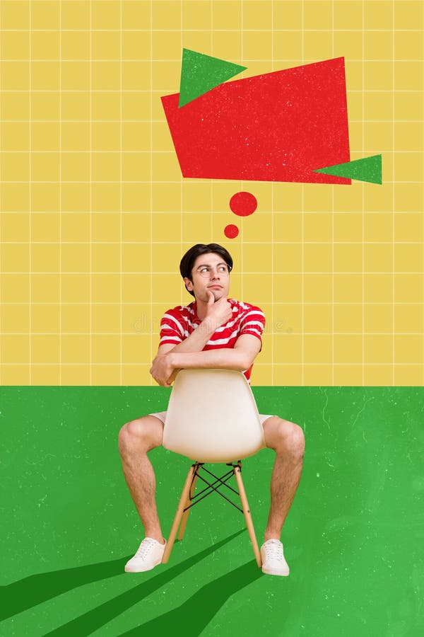 Vertical Collage Image of Pensive Guy Sit Chair Think Empty Space Mind ...