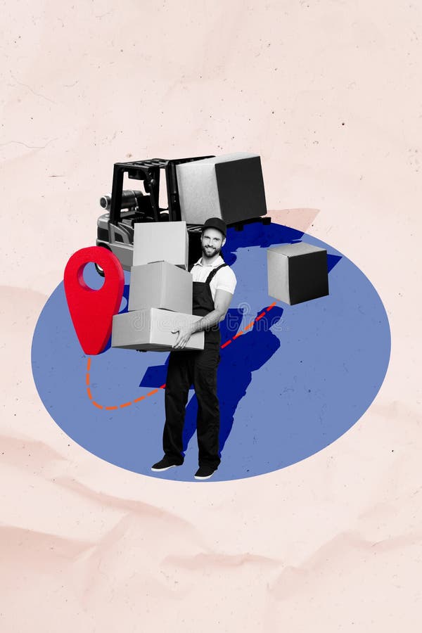 Vertical Collage Image of Positive Black White Effect Guy Courier Hold ...