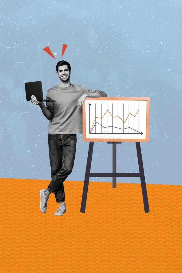 Vertical Collage Image of Positive Black White Effect Guy Hold Laptop ...