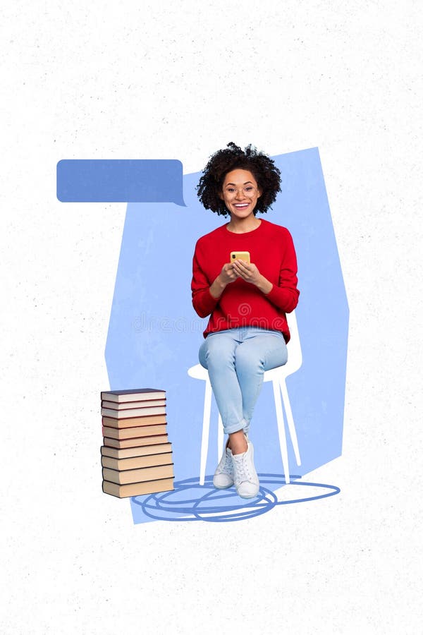 Vertical Collage Image of Positive Girl Sit Chair Use Telephone Typing ...